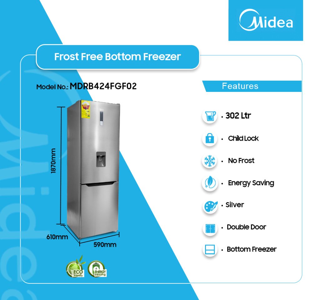 MIDEA 302LTR DOUBLE DOOR BOTTOM FREEZER 4 STARS - Legacy Luxury Store